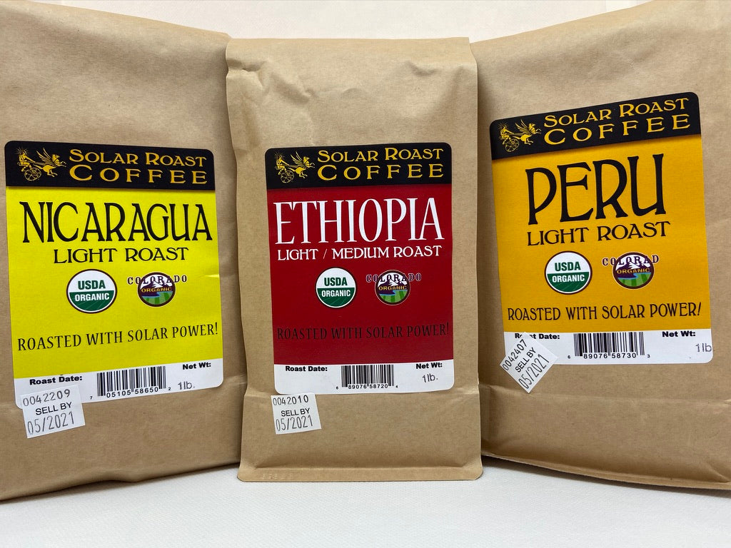 Solar Roast Light Flight Sampler Organic Coffee 3 Pack – Solar Roast Coffee